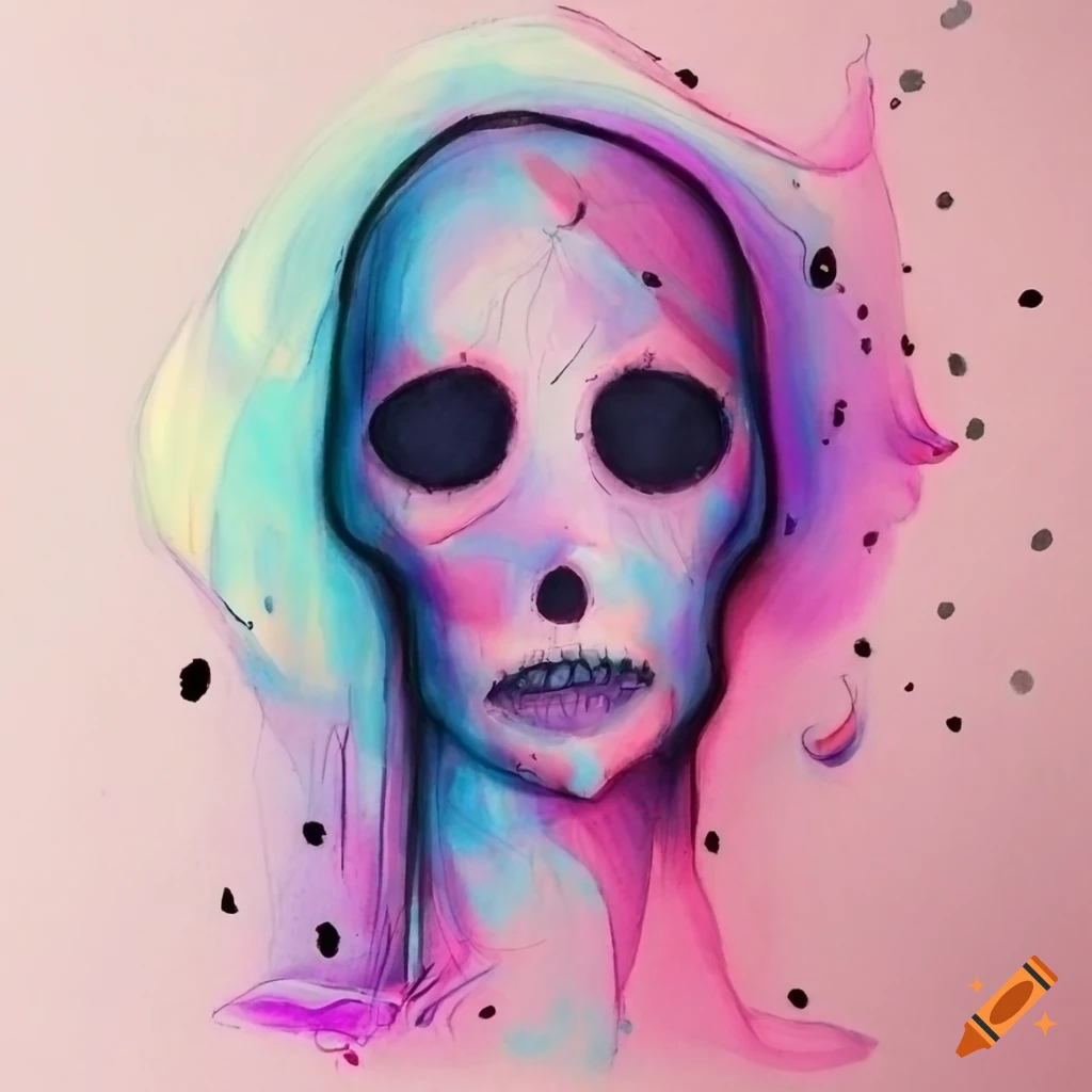 An abstract, ghost ink drawing with pastel details on Craiyon