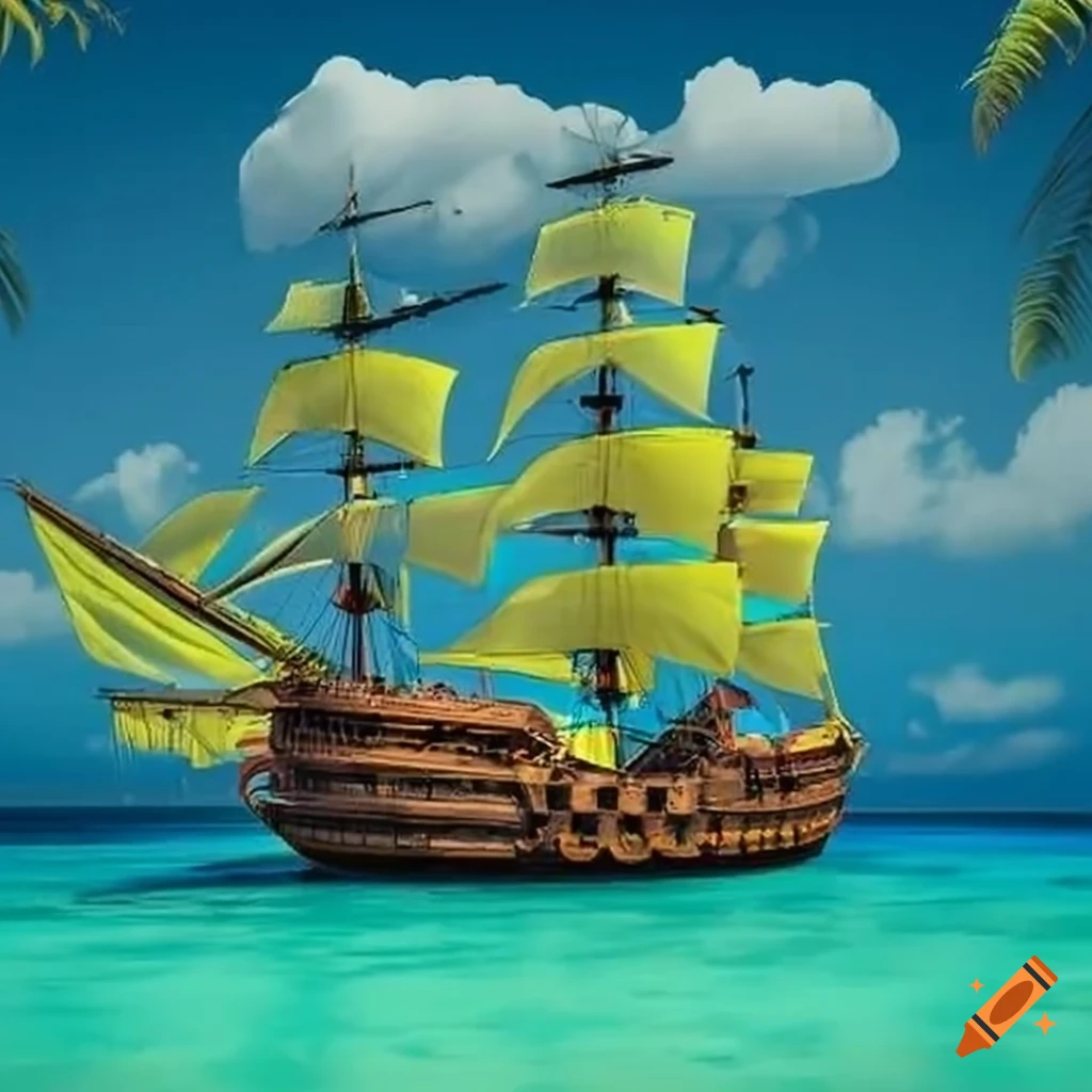 Realistic royal yellow ship in tropical island