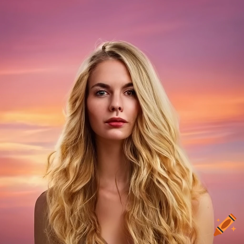 Design a photorealistic portrait of a woman with long, flowing blonde hair, set against a ...