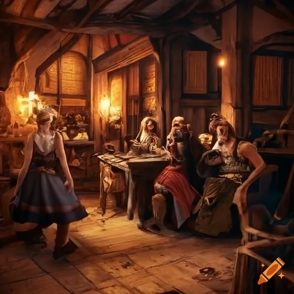 Crowded medieval tavern in a fantasy-themed tabletop role-playing game ...