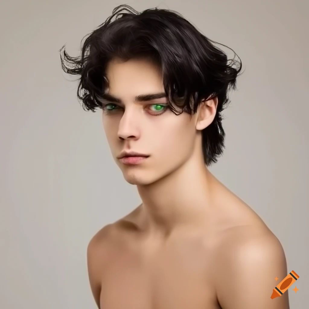 Young Man With Shoulder Length Wavy Black Hair And Green Eyes On Craiyon