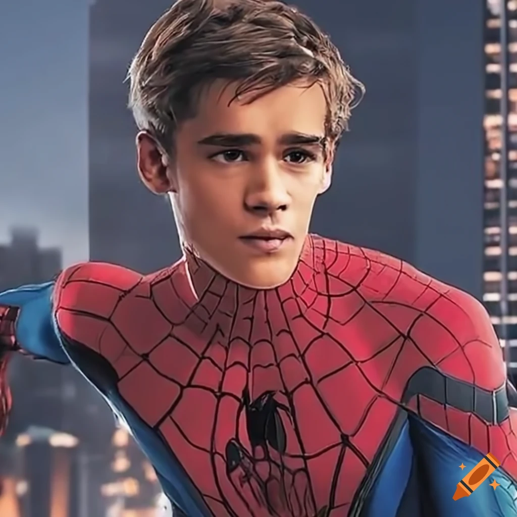 Brenton Thwaites as Spider-Man striking a dynamic rooftop pose on Craiyon