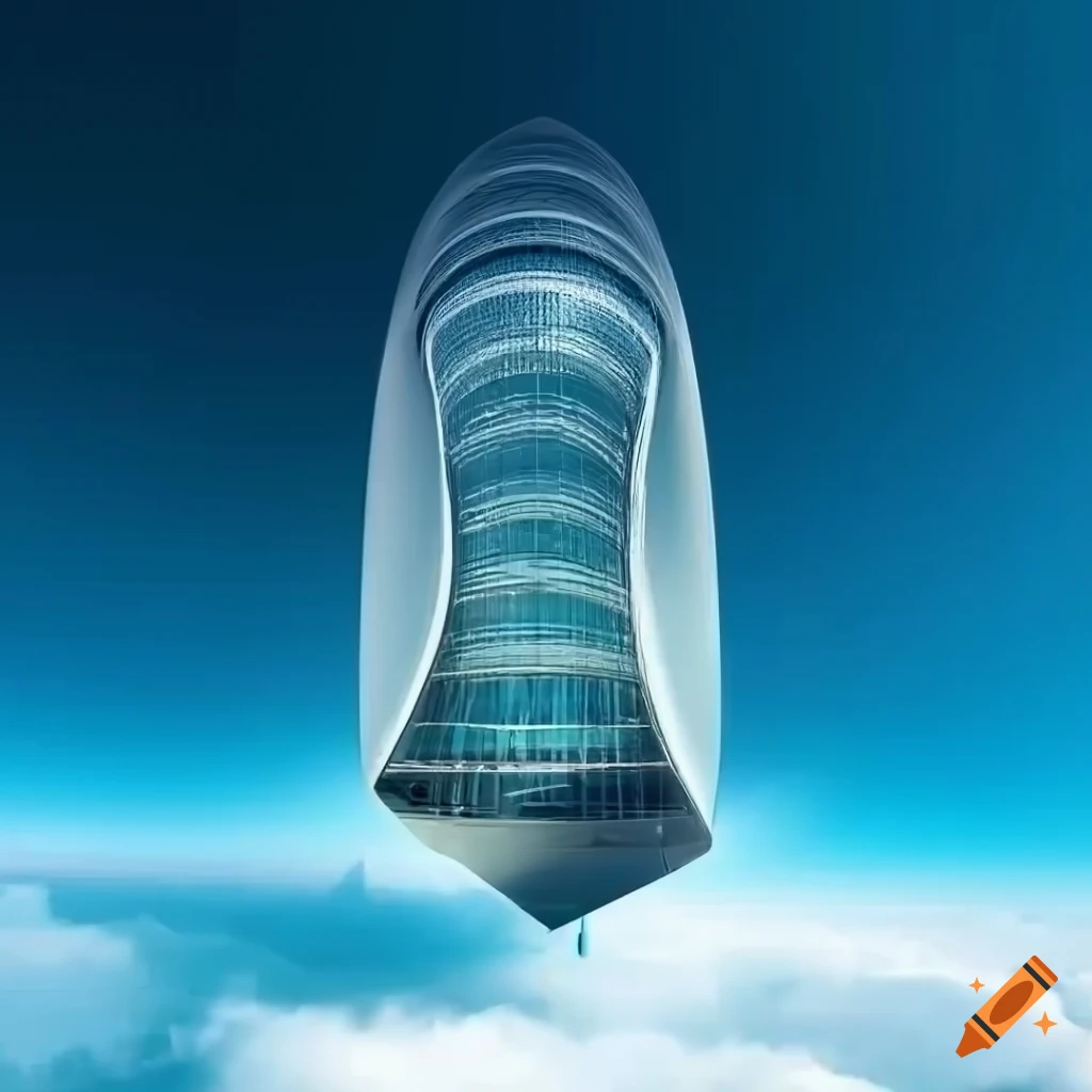 Bank branch flying in the sky, futuristic, bank building elevated from ...