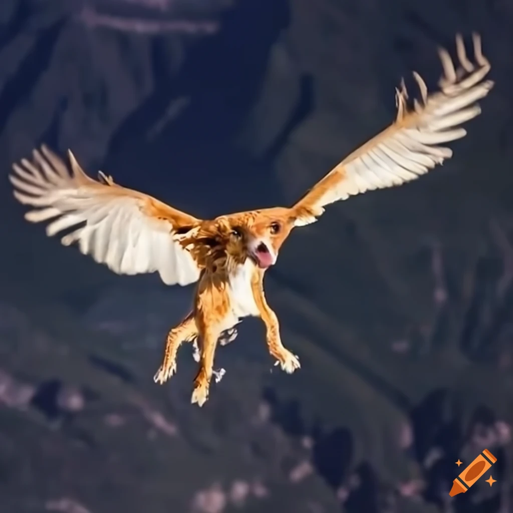 A chicken-winged dog flying upside down in front of the mountain on Craiyon