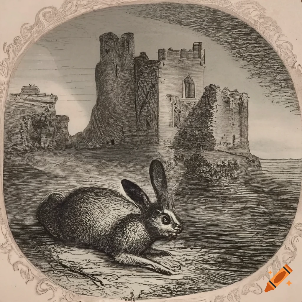 1800s etching of a black rabbit sitting in front of castle ruins on Craiyon