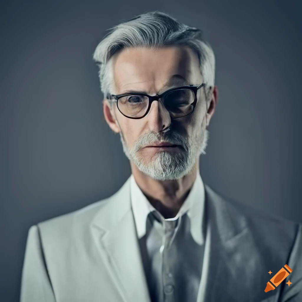 Portrait of a man with light gray hair, gray eyes, glasses, in a white ...
