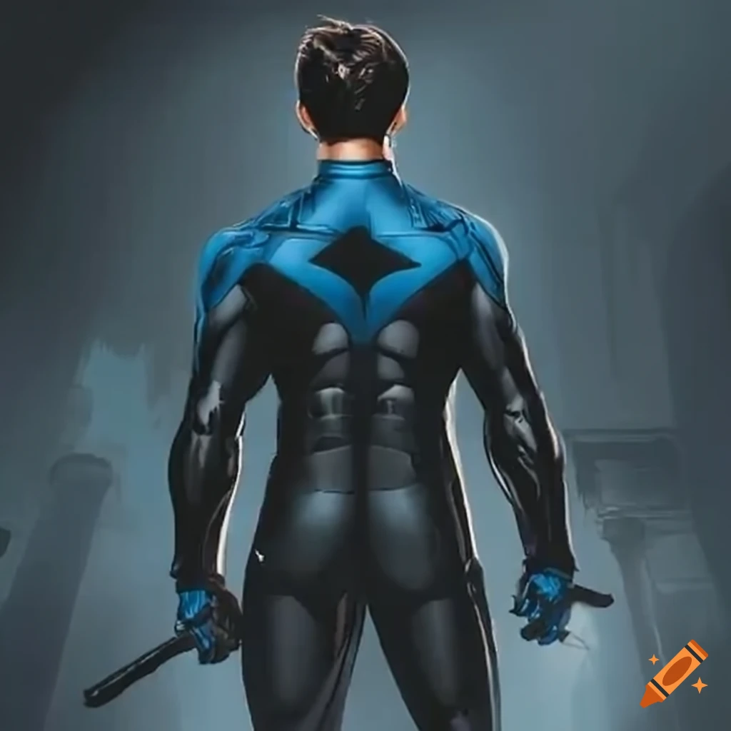 Rear view: nightwing observes gotham on Craiyon