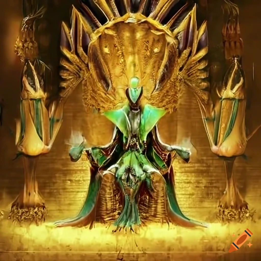 Terrifying praying mantis emperor with gold in the background on a throne