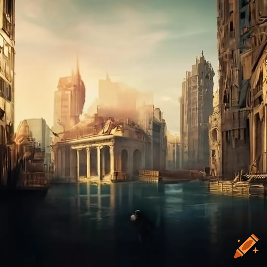 Post-apocalyptic cityscape with a roman-inspired waterfront district on ...