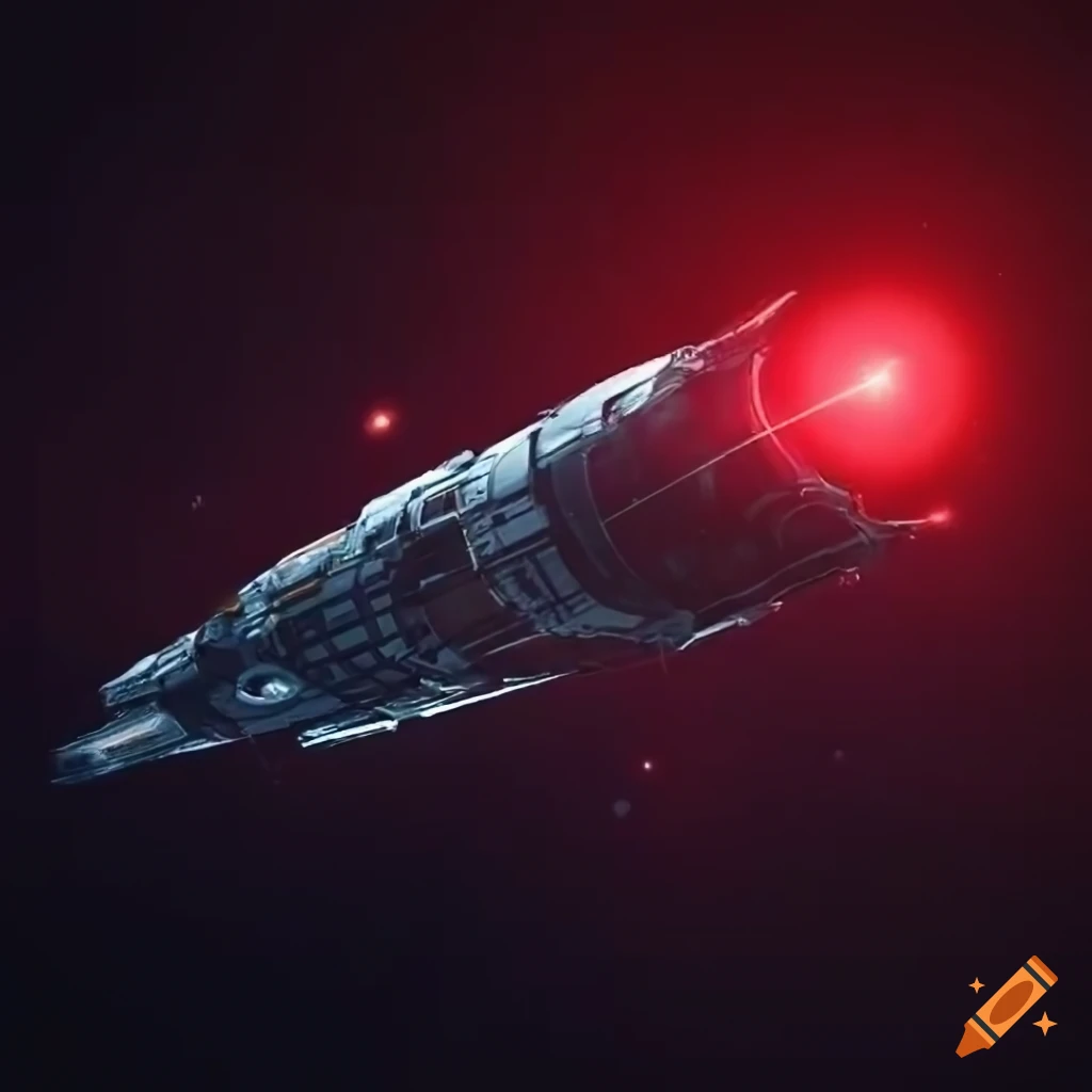 Iron spaceship in space, planet in background, red light on Craiyon