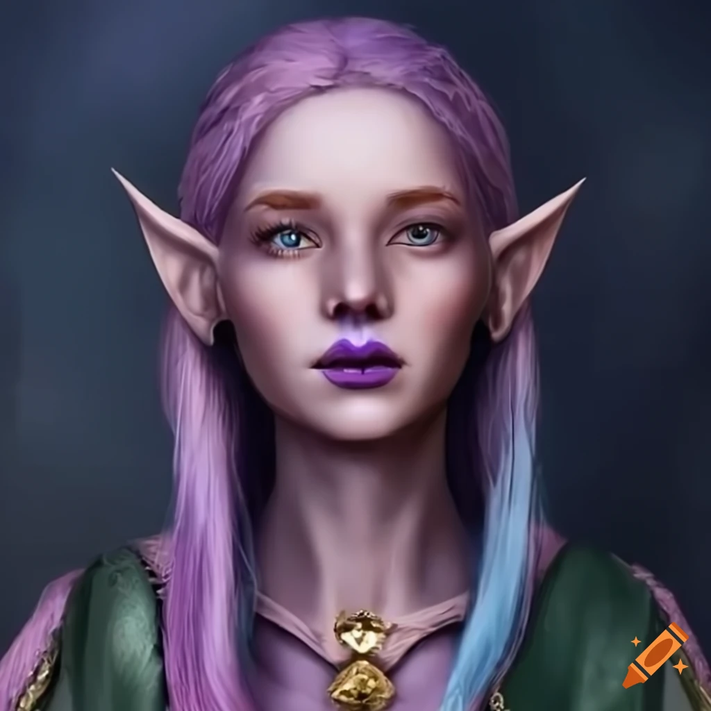 A pale pink skinned elf woman. Aged about 19, long hair in an ombré ...