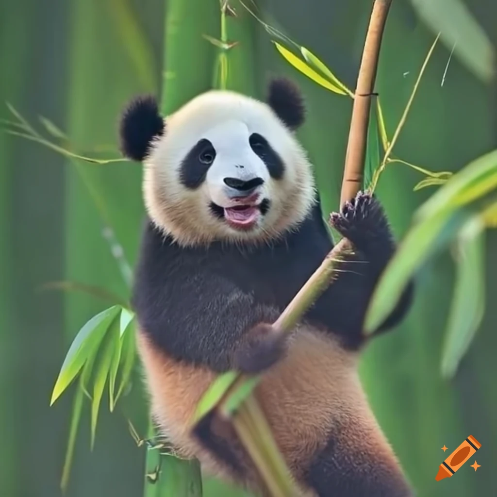 A playful panda swinging on bamboo trees, surrounded by lush greenery, showcasing their joyous ...