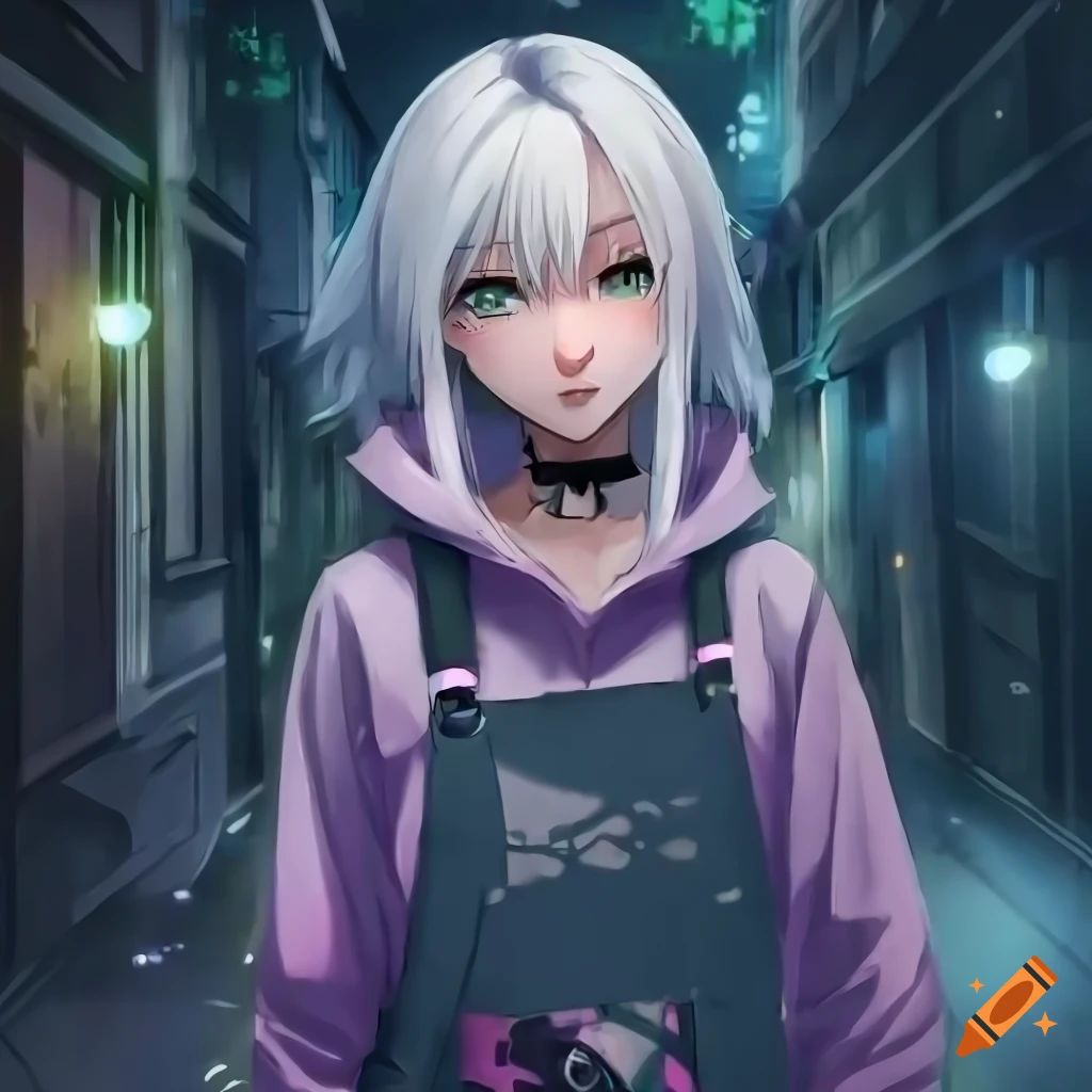 White-haired young anime character portrait, with galaxy green eyes and ...