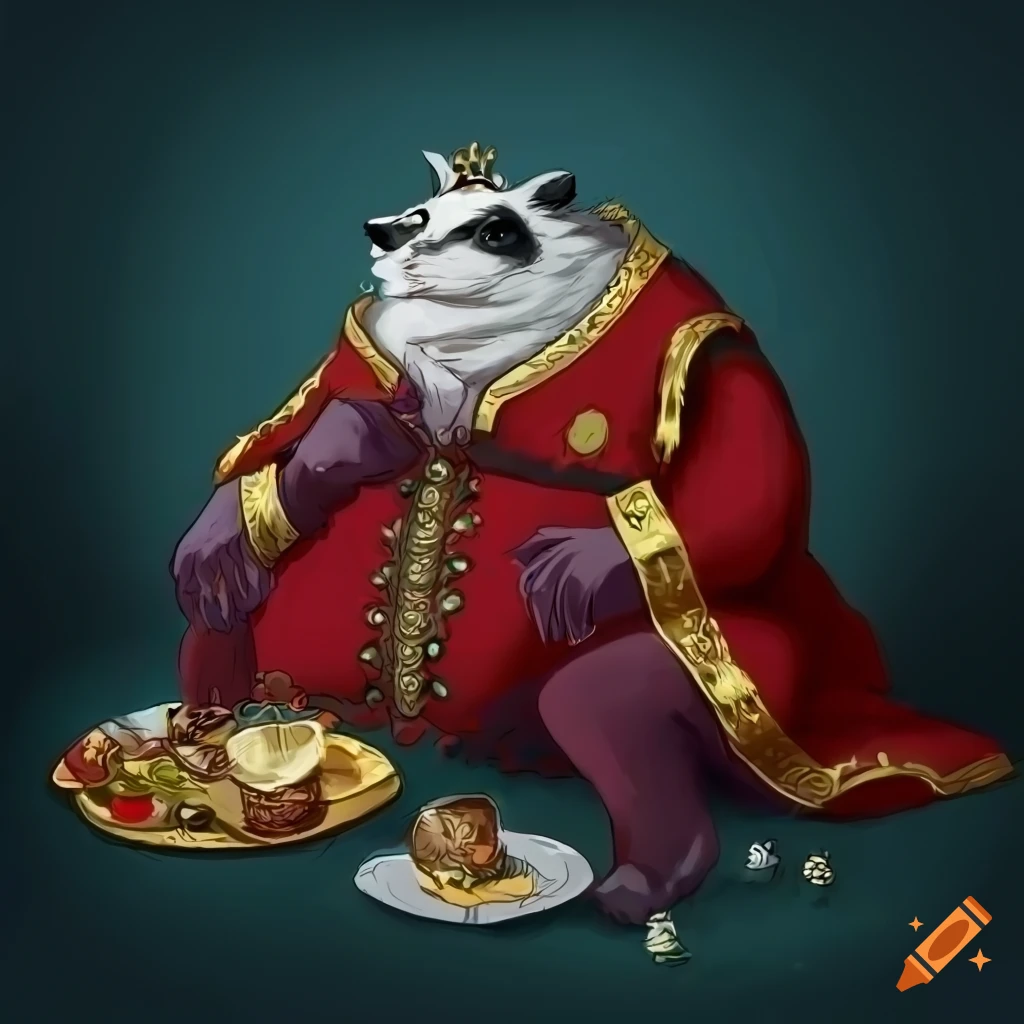 A fat bloated gluttonous anthro badger king wearing a royal coat with ...