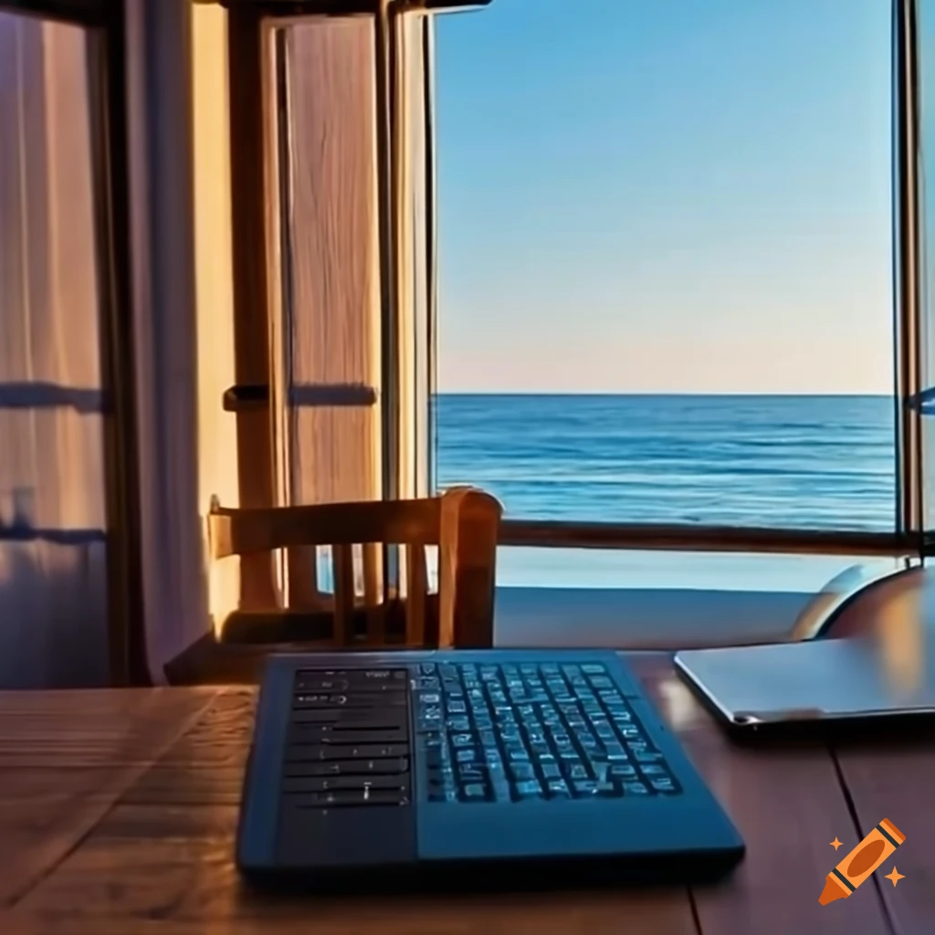 A laptop on a wooden table by the window overlooking the sea on Craiyon