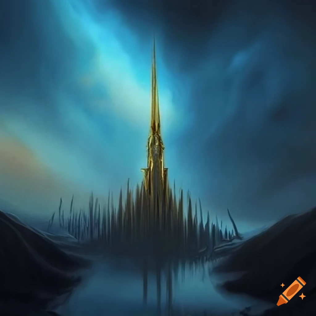 Asgard rendered in metallic gold, blue and white painted by beksinski