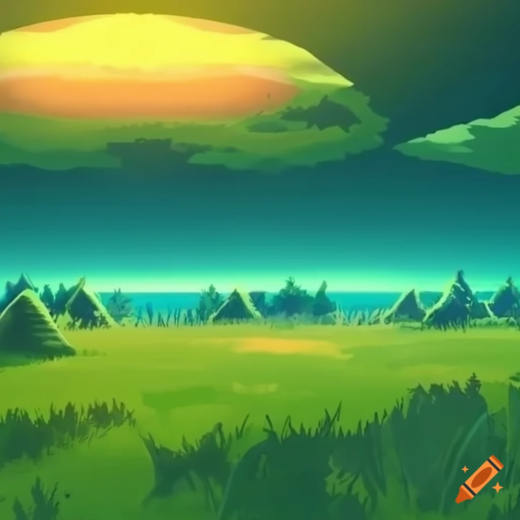 Pokémon style plains with grass with sunlight and forest far away on ...