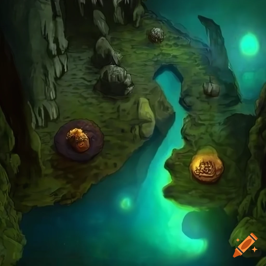 Create a top-down D&D map of a mystical underground cave system. The ...