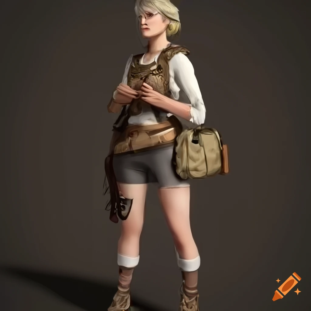Adventurer lady, with short blonde hair, wearing backpack, with small ...