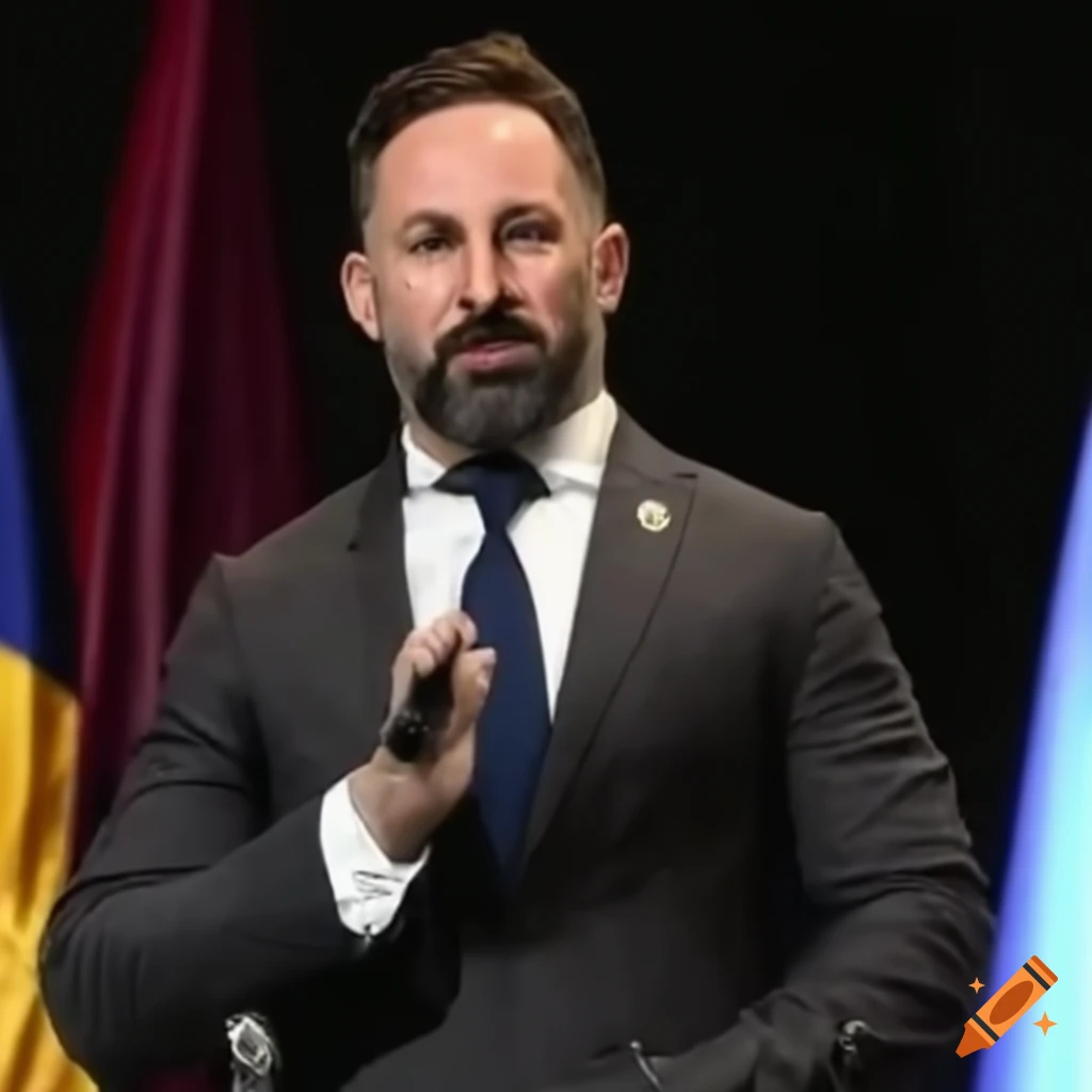 Santiago abascal from vox dressing as a caveman giving a speech on Craiyon