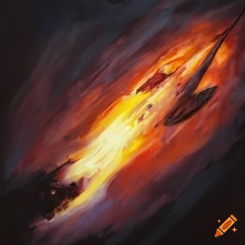 Spaceship in flames, oil painting,space on Craiyon