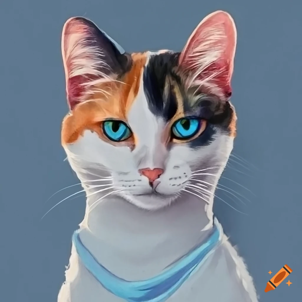 Short anthropomorphic calico cat, blue top, portrait on Craiyon