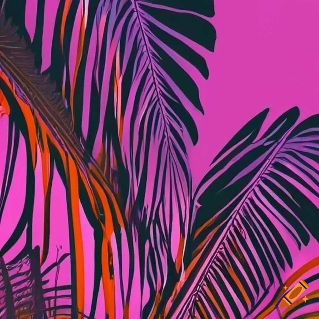 Palm tree frond pink purple orange and black