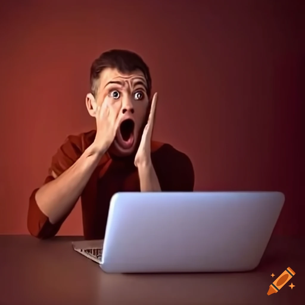 Man using laptop with shocked reaction