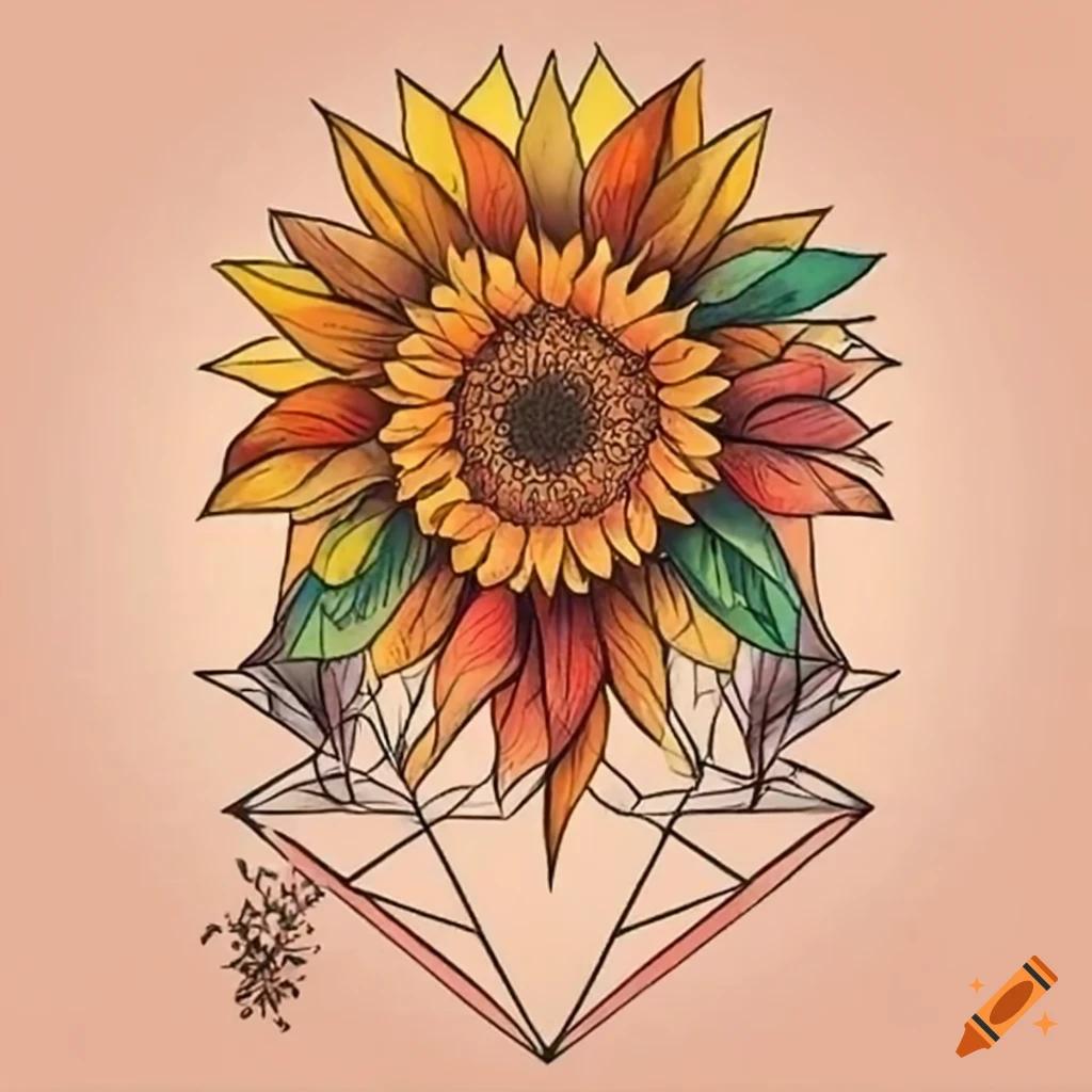 Feminine tattoo design featuring a geometric sunflower in a triangle on ...