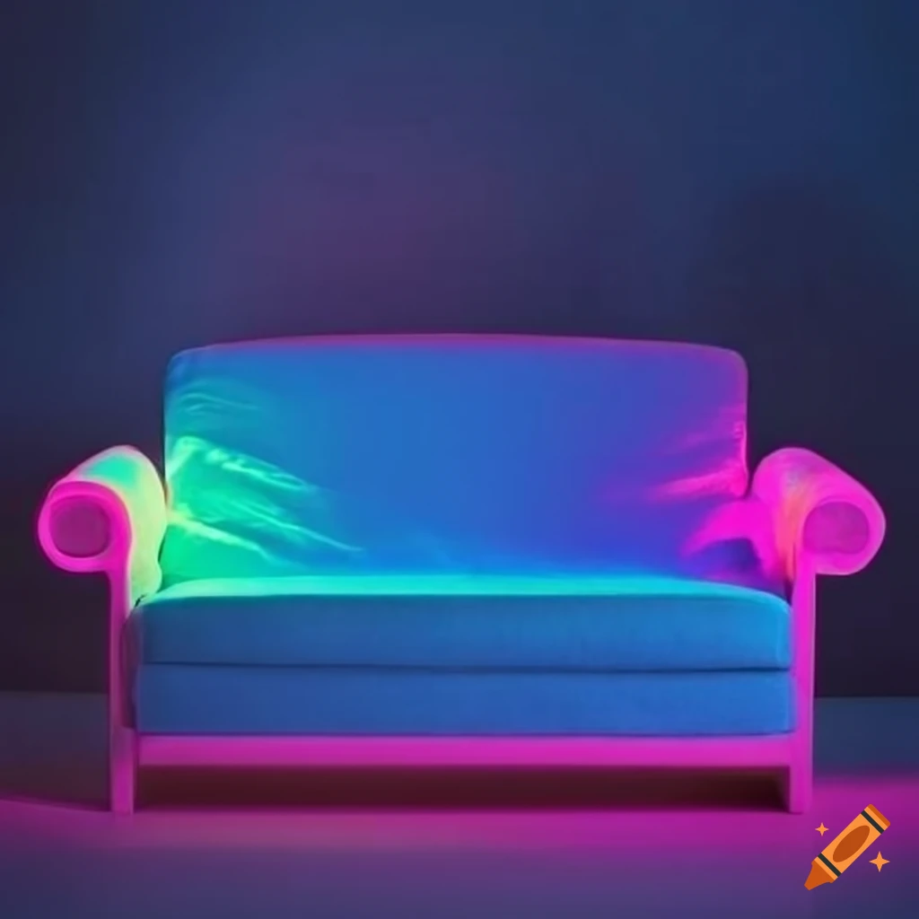 Bright blue and soft pink neon lit couch with dense plants and plush ...