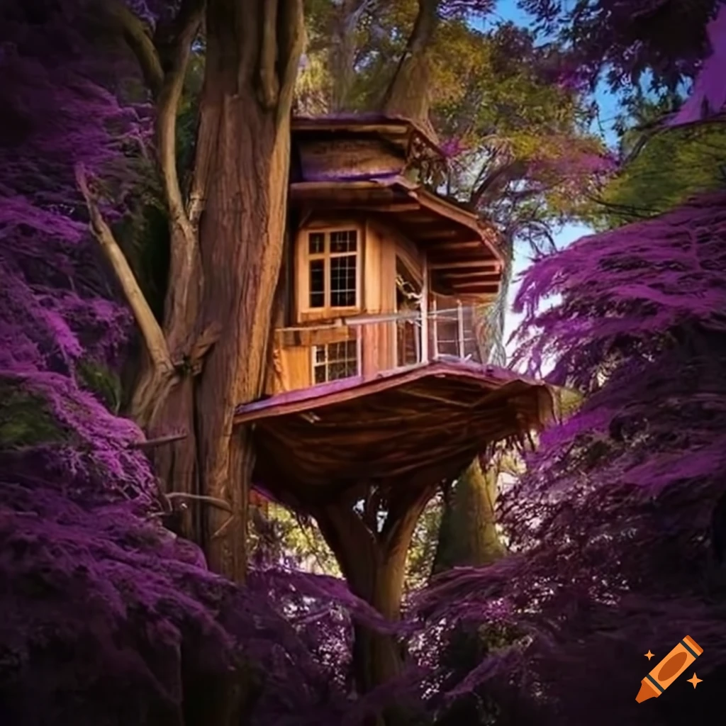 A giant treehouse nestled in a majestic purple-leaved tree on Craiyon