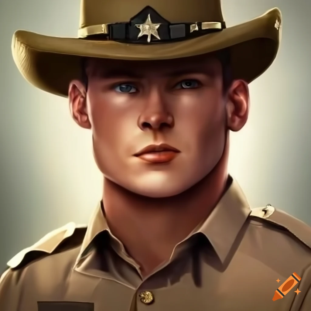 Portrait of a male muscular sheriff's deputy in uniform, blond short ...