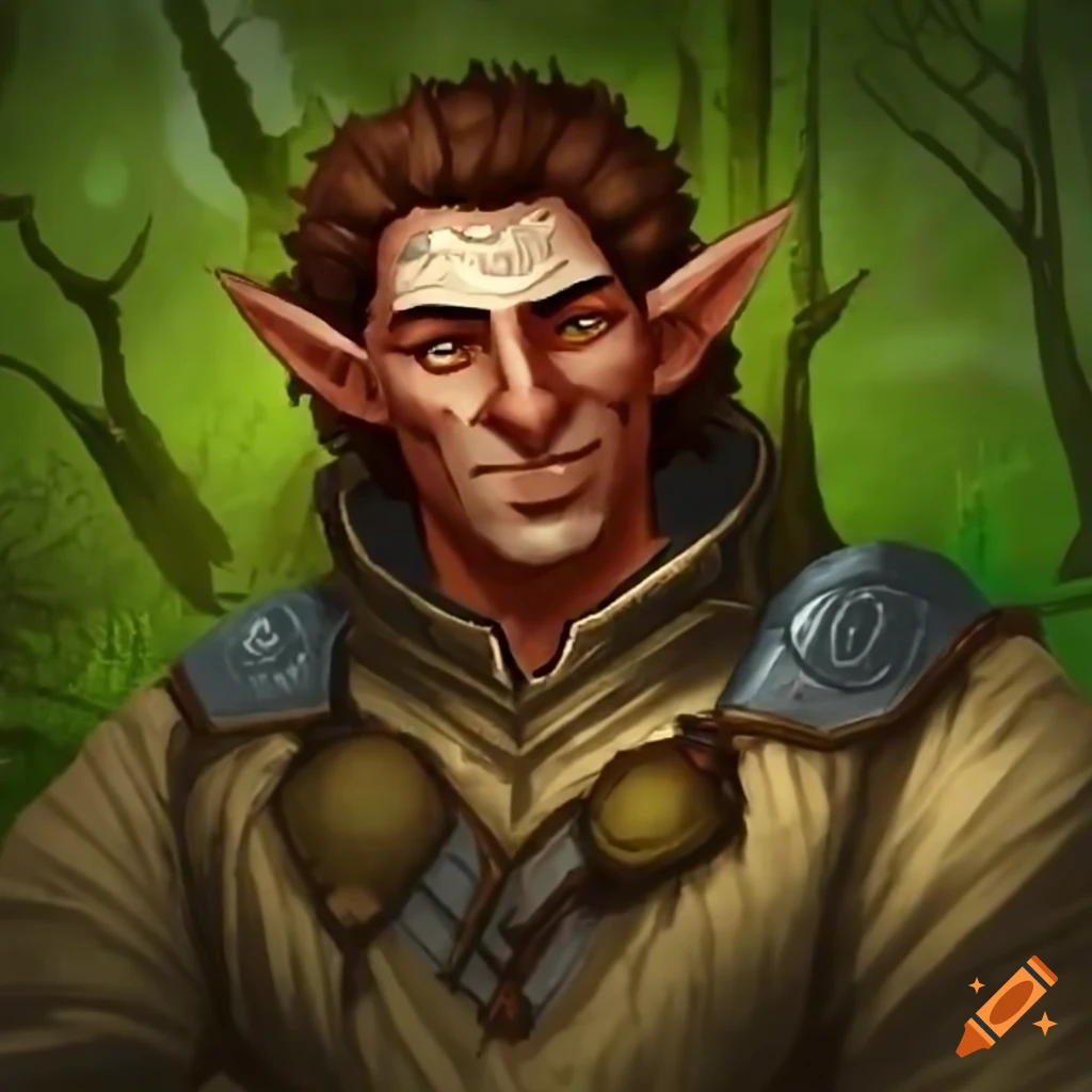 Firbolg in forest, male, grey skin, brown hair, hairy, big nose, cleric ...