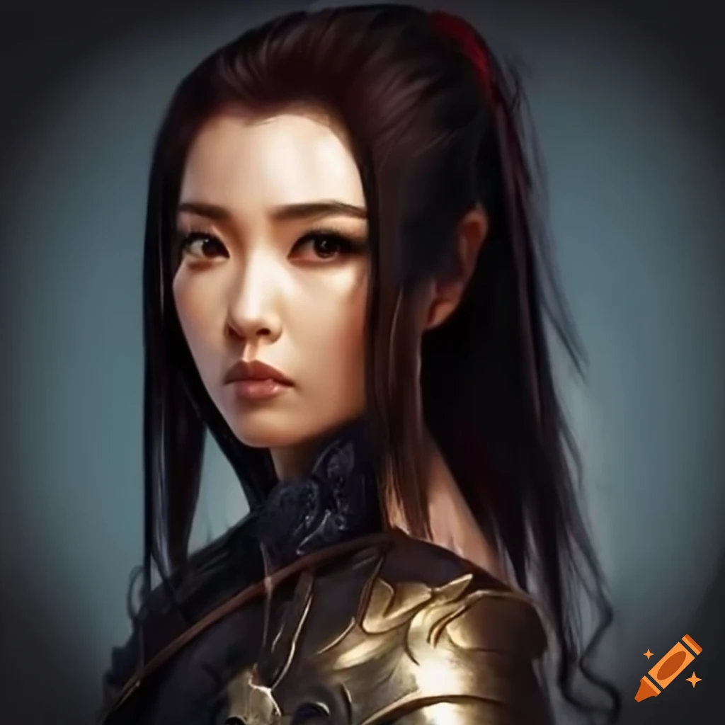 Li bingbing with plate armor as a fantasy warrior