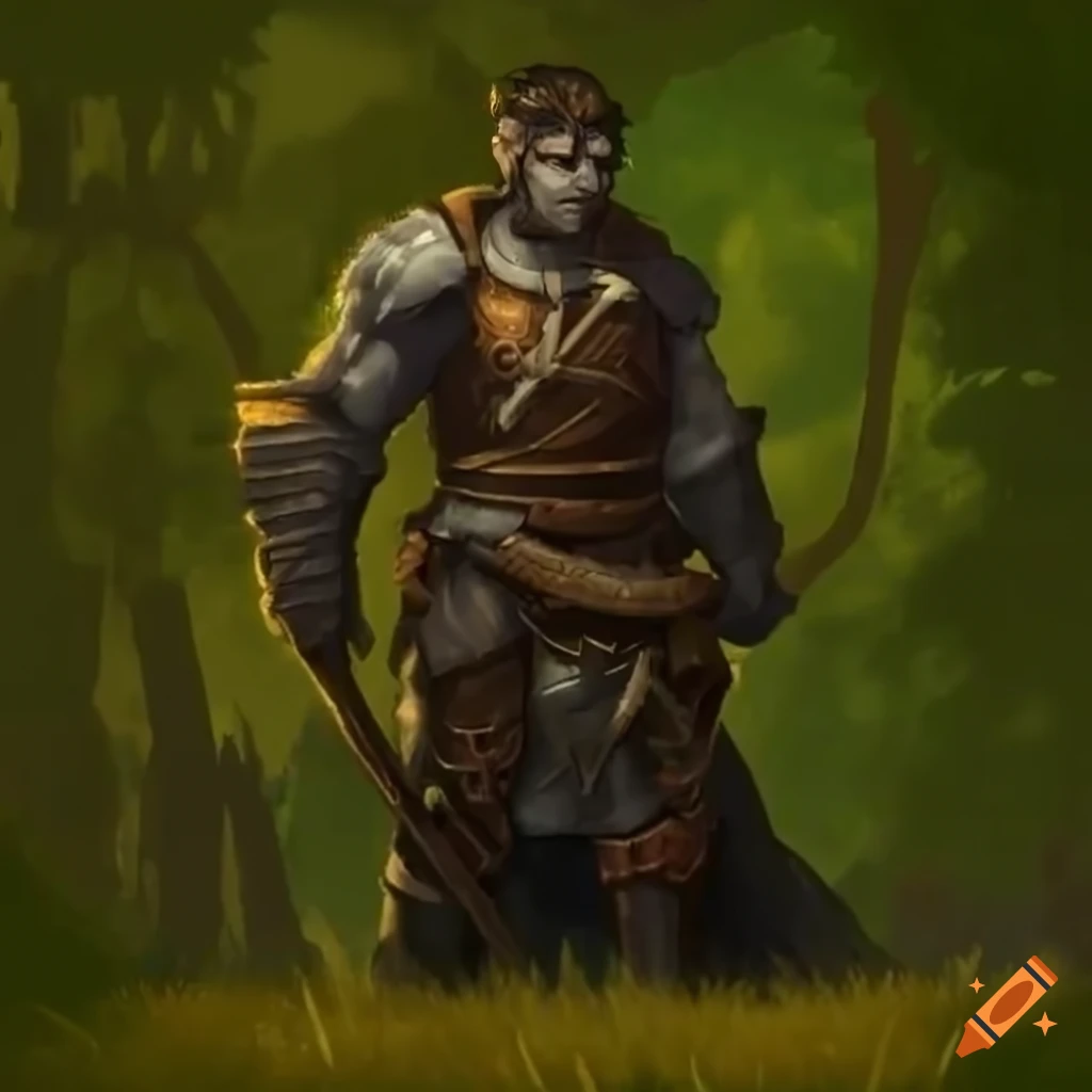 Firbolg in forest, male, grey skin, brown hair, hairy, big nose, cleric ...