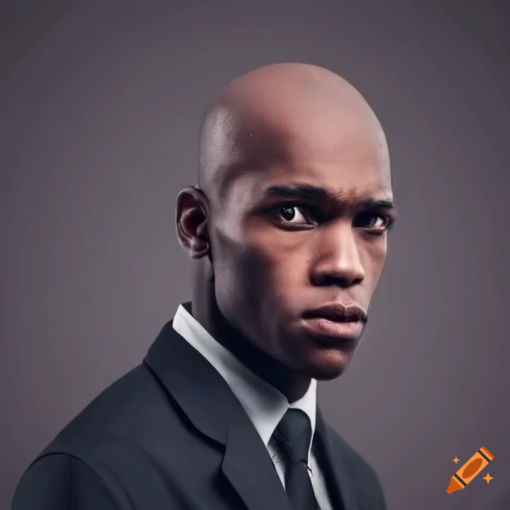 Photo portrait of young confident serious dissatisfied bald black man ...