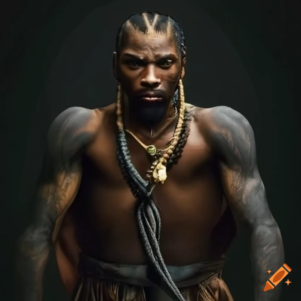 Black man with cornrows and two swords