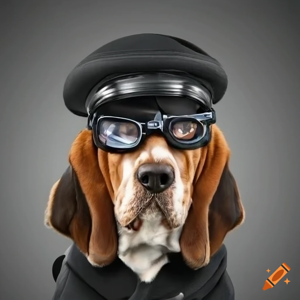 A basset hound wearing a chauffeur hat and driving goggles on Craiyon