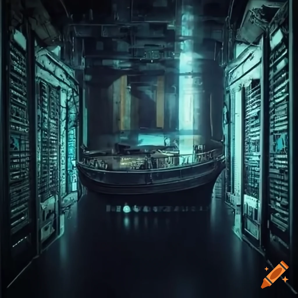 A vintage Greek ship stranded in a futuristic server room on Craiyon