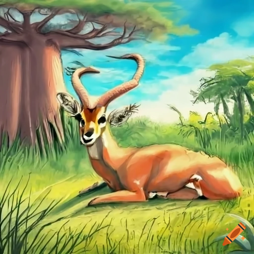 An tired antelope lying jungle disney savannah high grass blue sky near ...