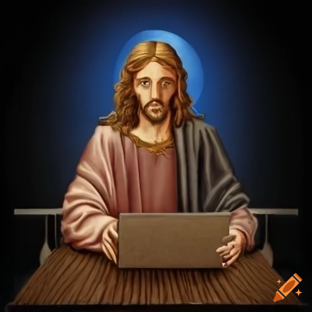 Jesus who's coding on a computer in style of medieval images