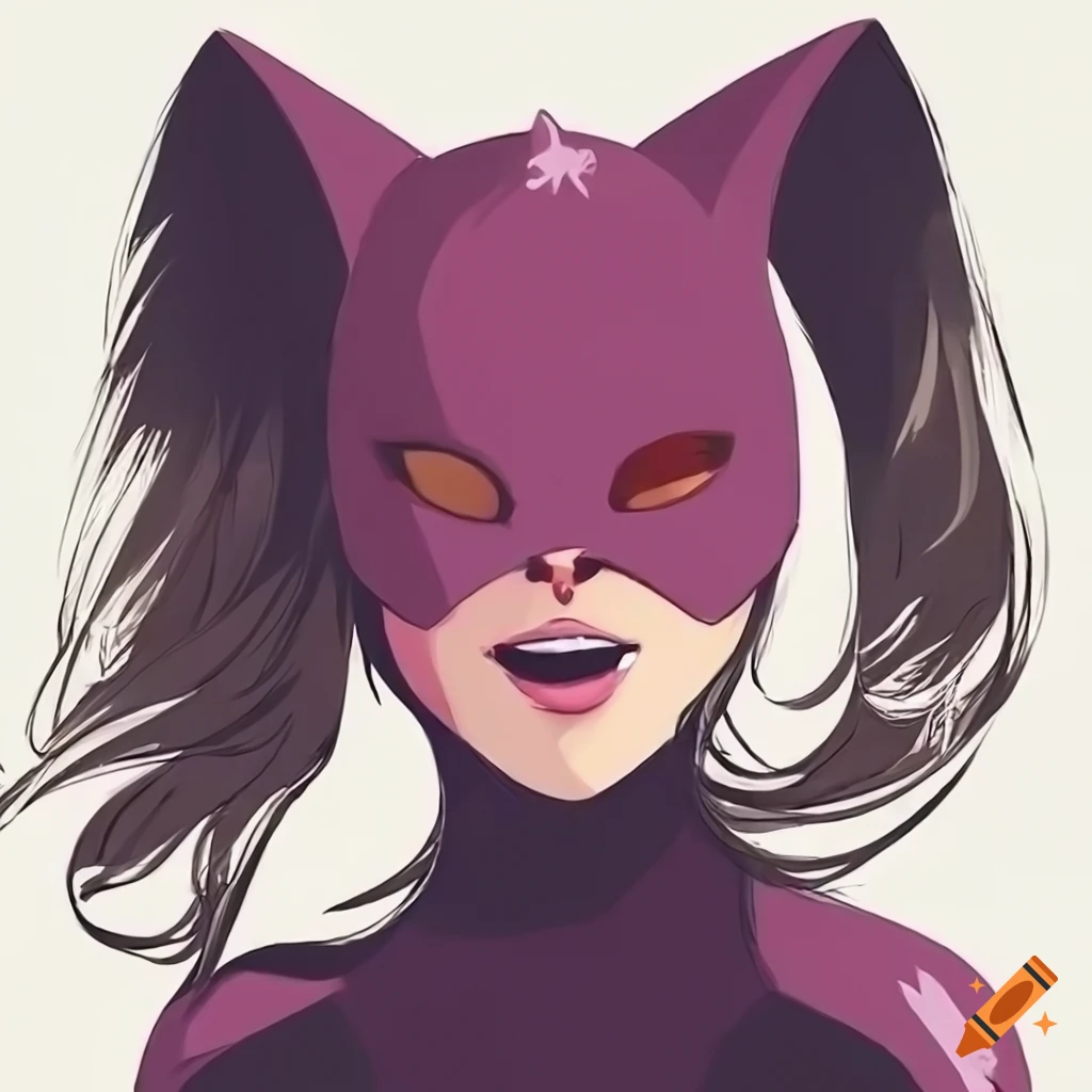 Happy-looking, cat-masked female superhero. anime style on Craiyon