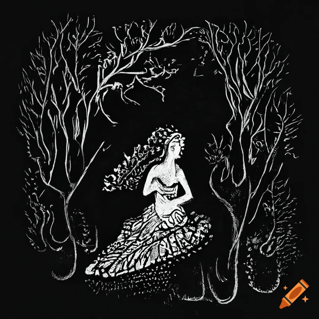 Black and white medieval engraving of rusalka by the lake. medieval ...