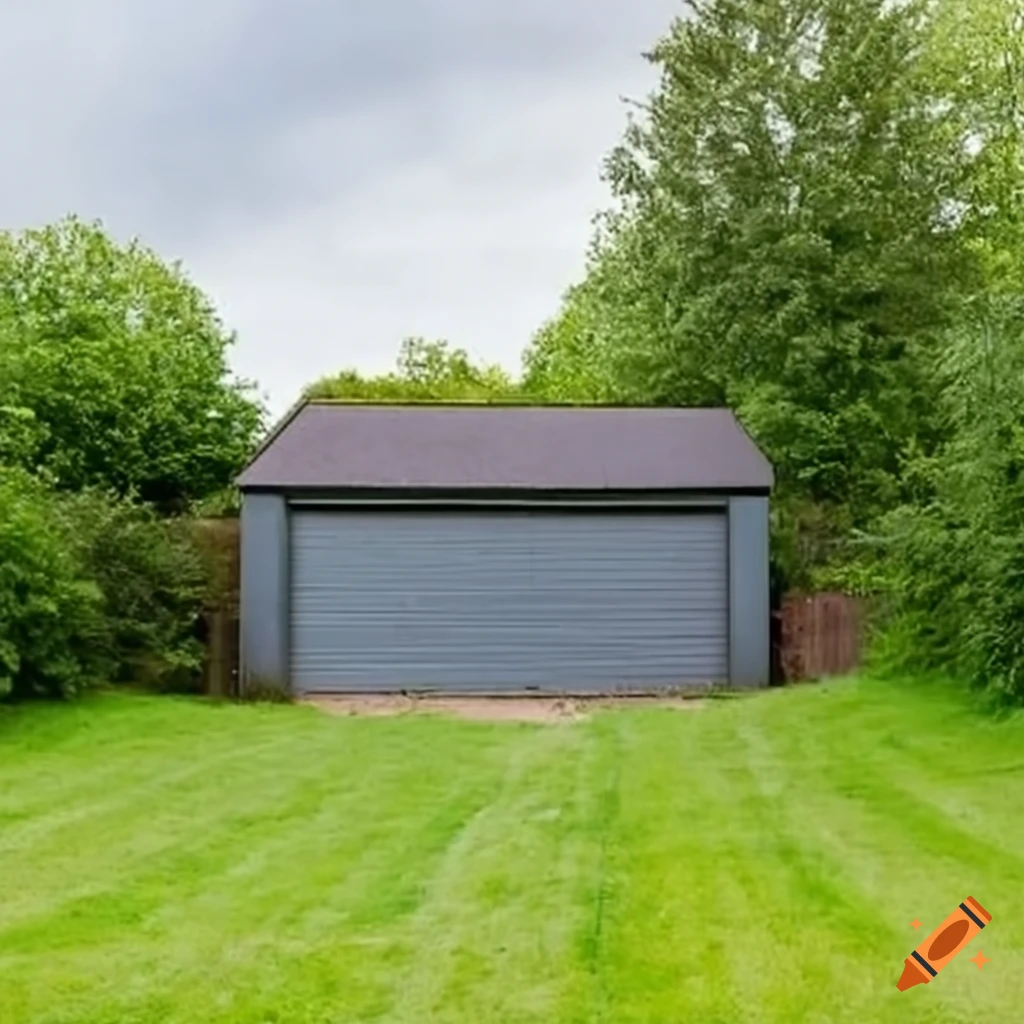 A grey garage in a green school field surrounded by brown houses on Craiyon