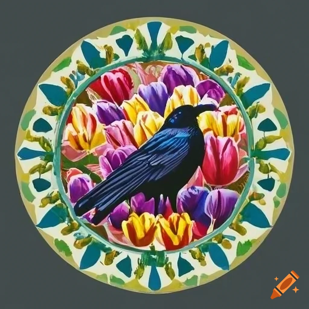 Traditional pennsylvania dutch hex sign with crow and colorful tulips
