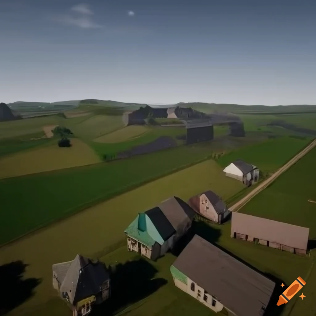 Unreal engine 5 aerial view of sci-fi thuringian landscape with farm ...