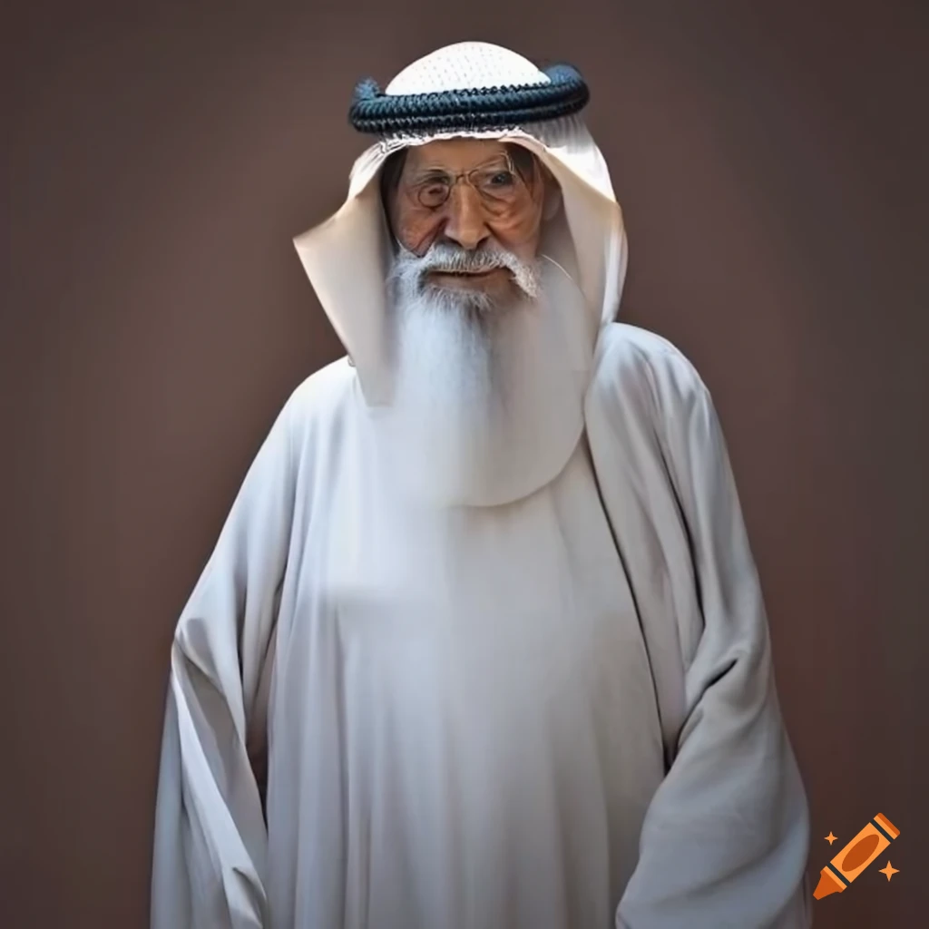 A professional photo of an elderly arab sheikh with a stern look ...