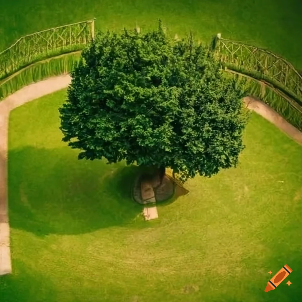 A garden with a tree in the centre surrounded by a fence viewed at an ...