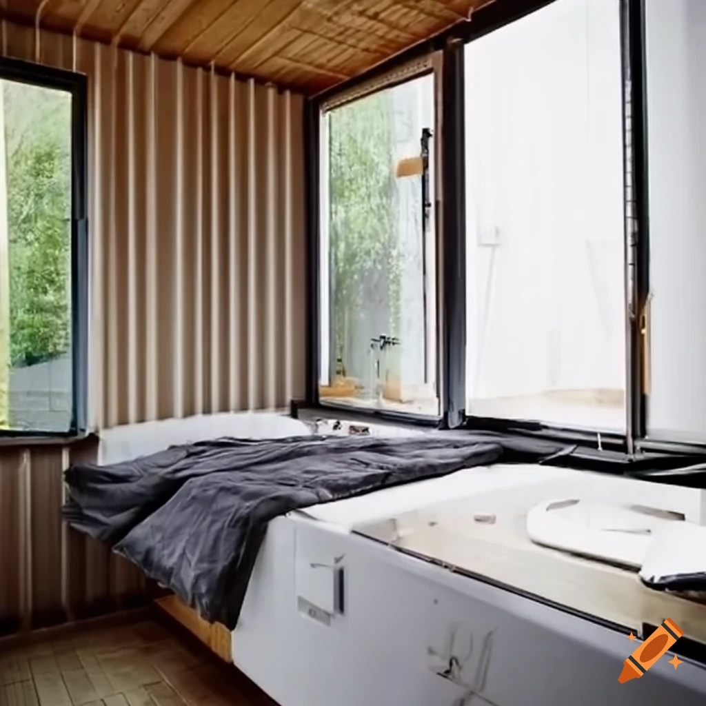 Shipping containers home bed bathroom daylight