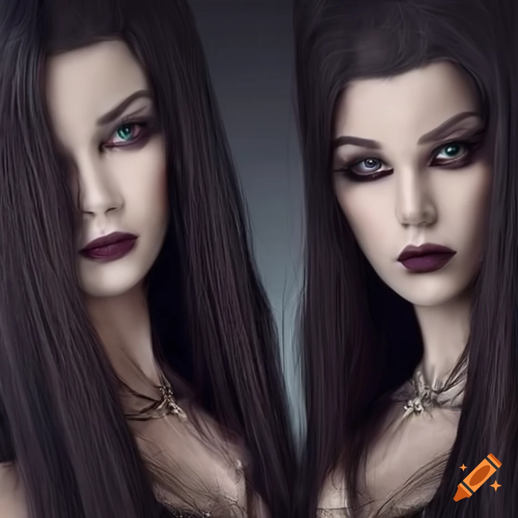 Two beautiful fantasy female sorcerers twins with long and dark hair on Craiyon